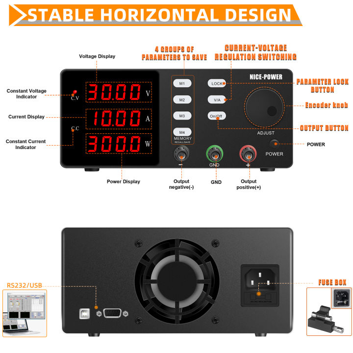 KUAIQU 4 storage modes DC Power Supply 30V 10A 300W Adjustable laboratory power supply with Lab ...