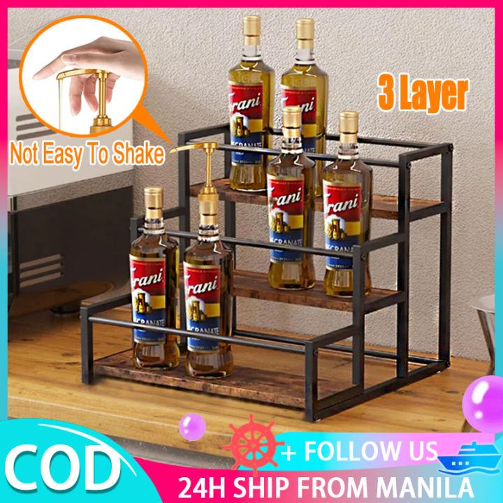 3 Layer Coffee Syrup Rack Organizer With Wooden Seasoning Spice Display ...