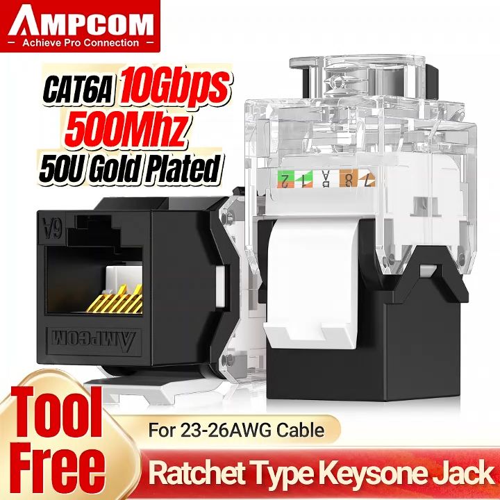 AMPCOM CAT6A RJ45 Keystone Jack, Ratchet Lock UTP Toolless Modular ...