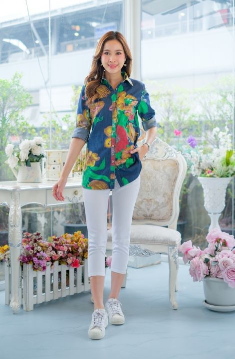 💰(8396-8)รอบอก 38/40/42/44/46/48 นิ้ว เสื้อผ้ายีนส์พิมพ์ลาย ผ้าไม่หนาใส่ไม่ร้อน คอเชิ๊ตแขนยาว ...