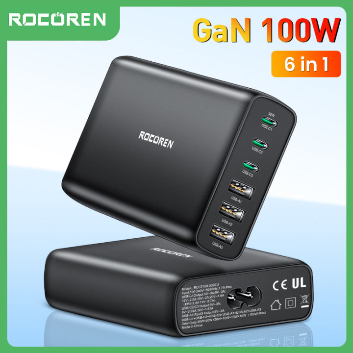 Rocoren 100W GaN Desktop Charger USB Type C 6-Port 3 Type C 3 USB A ...