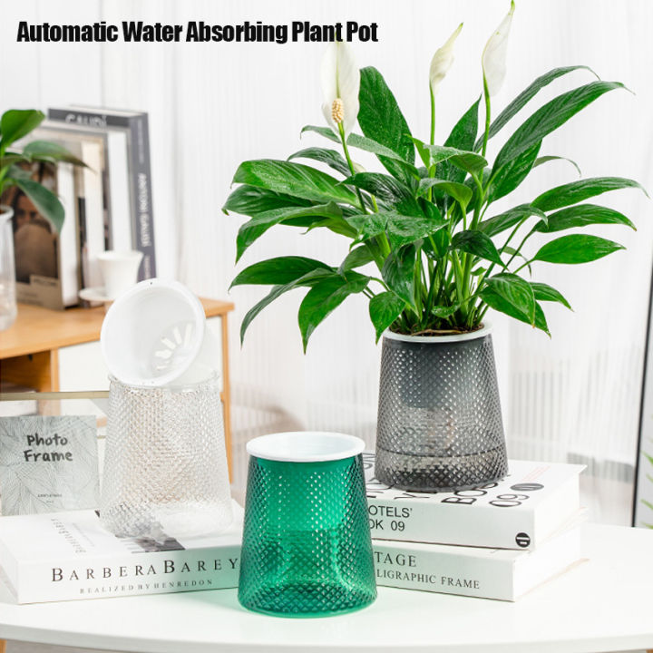Automatic Water Absorbing Plant Pot Plastic Transparent Round Flower ...