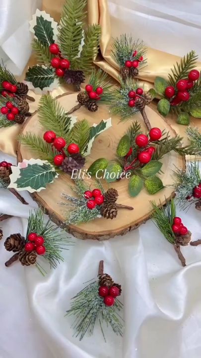 HIASAN BUNGA TUSUK NATAL / DEKORASI BUNGA PINUS SALJU CERI DAUN NATAL ...