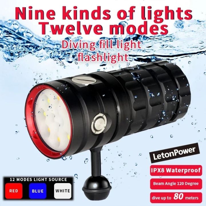 LetonPower Diving Flashlight 25000Lumens underwater flashlight 100m ...
