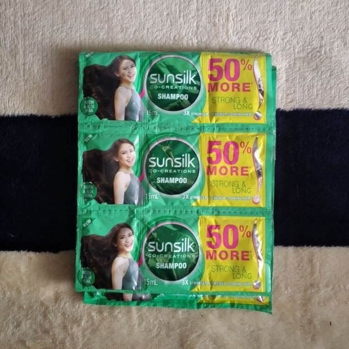 12pcs (1DOZEN) SUNSILK GREEN TRIO PACK SACHET Strong and Long Shampoo ...