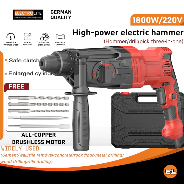 1800W 3 Mode Rotary Hammer Drill Wall Electric Hammer Impact Drill ...