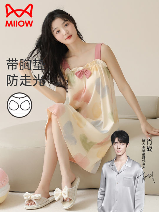 ชุดนอนแขนกุดผ้าฝ้ายแท้ MiiOW สำหรับผู้หญิง ชุดนอนฤดูร้อน 2025 ใหม่พร้อมแผ่นเสริมหน้าอก เสื้อผ้า ...
