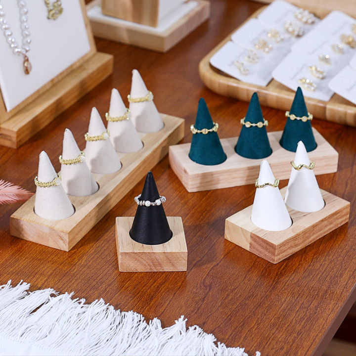 Creative Wooden Ring Display Stand Pointed Cone Design Jewelry Showcase ...