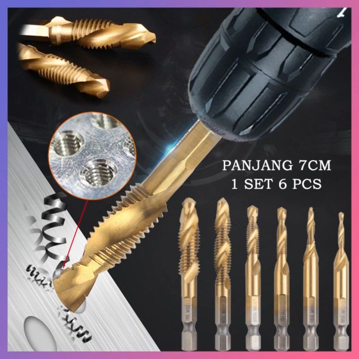 Mata Bor Pembuat Ulir 6 PCS Set Hex Twist Spiral Tapper M3-M10 Mata Bor ...