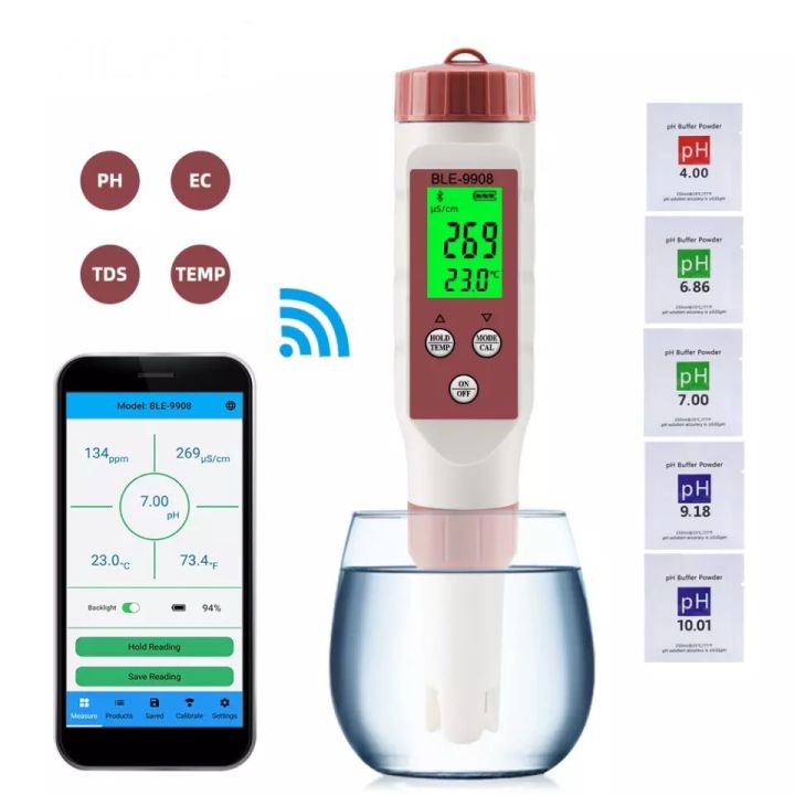 4 in 1 Bluetooth PH Meter Air Digital + Suhu + TDS + EC Tester BLE-9908 ...