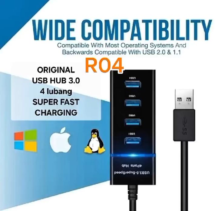 R04 ORIGINAL HIGH SPEED DATA 4 PORT USB 3.0 HUB KOMPUTER PC LUBANG SOCKET SOKET CHARGER HP MOTOR ...