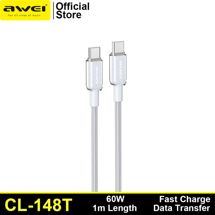 Awei CL-148T PD60W Type-C to Type-C Quick Charge Braided Cable 1m Data ...