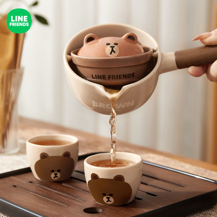 【5 IN 1 With Bamboo Tray】【5 Tea Cups+1 Teapot】Line Friends Brown Bear ...