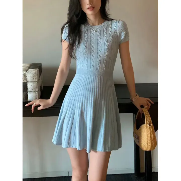 Retro Short Sleeve Knitted Dress Women's Summer New Design Short Skirt ...