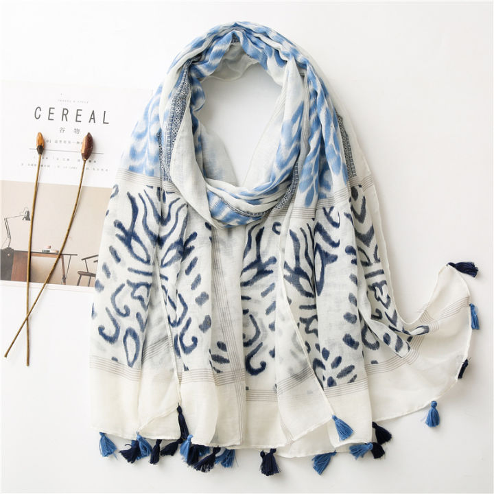 Harem Style Sun Protection Scarf Beach Towel Cotton Linen Tassel Print ...