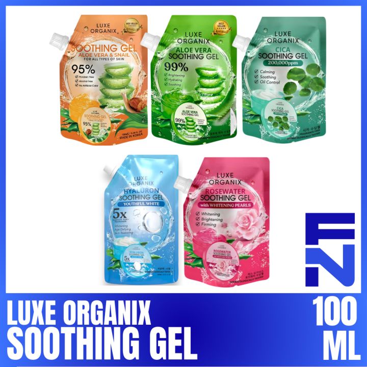 LUXE ORGANIX Soothing gel 100ml Sachet ( Rose Water, Cica, Snail, Aloe vera, Hyaluron) Facial ...