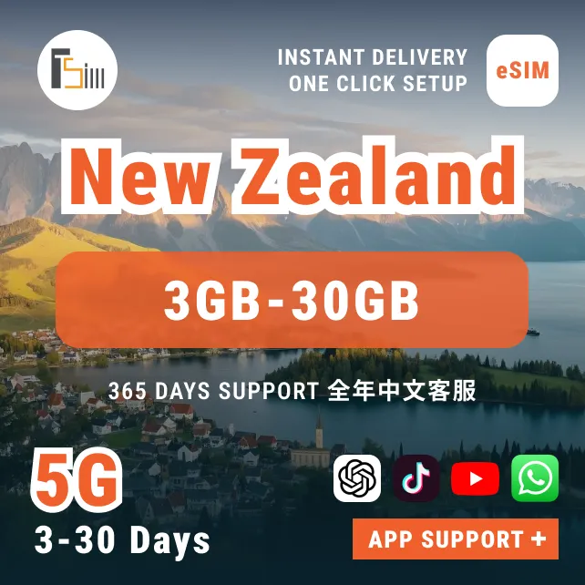 NewZealand 5G eSIM: 3/5/7/10/15/30 Days Total: 3GB/5GB/10GB/20GB/30GB | QR Code Email Instant ...