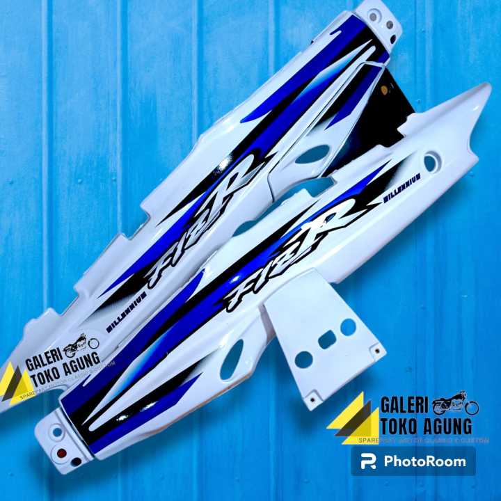 Cover body set Pet+box aki+striping putih Biru millennium Yamaha fiz-R ...