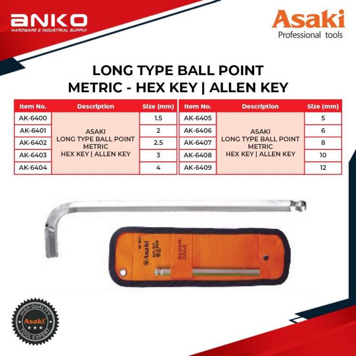 1.5MM-22MM METRIC ASAKI LONG TYPE BALL POINT HEX KEY | ALLEN KEY | Lazada