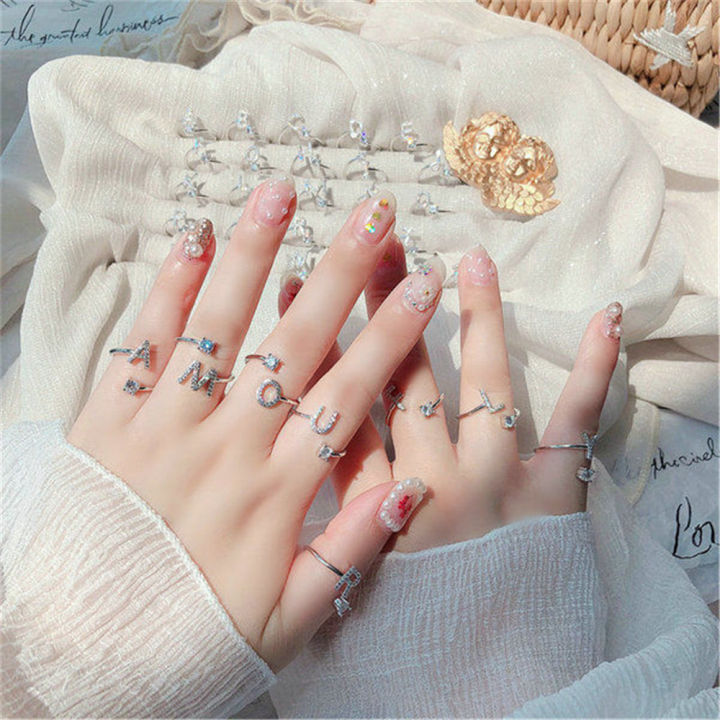26 Letters Rings Diamond-encrusted Openning Finger Ring Fashion English ...