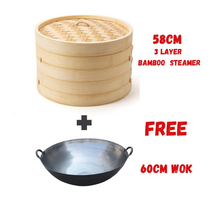 3 Layer Bamboo Steamer Tray with Lid Bun steamer Bao Dim sum steamer ...