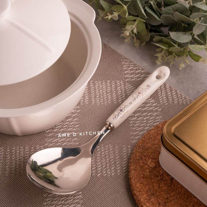 Sendok lauk sayur staninless gagang keramik bunga silver | Lazada Indonesia