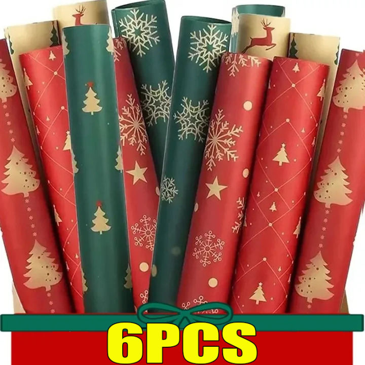 6pcs Christmas Kraft Wrapping Paper Santa Claus Xmas Tree Snowflake ...