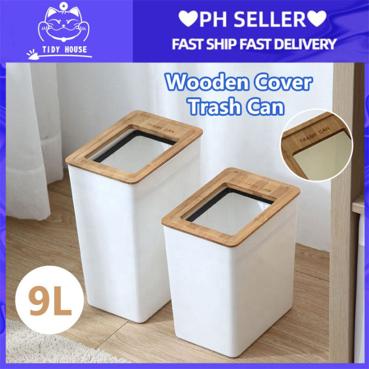 Tidy House White Trash Bin with Wooden Cover Nordic large capacity ...