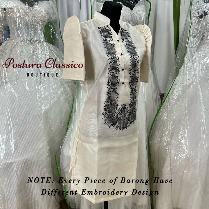 Ladies Barong Mc Dress w/ Black Embroidery Design Modern Filipiniana ...
