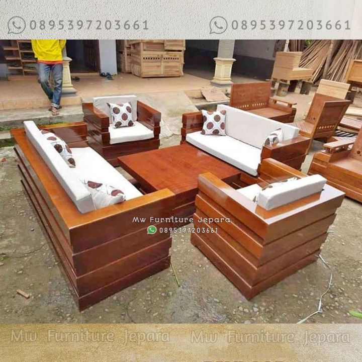 kursi tamu sofa box jati minimalis modern 3-2-1-1 + meja | Lazada Indonesia