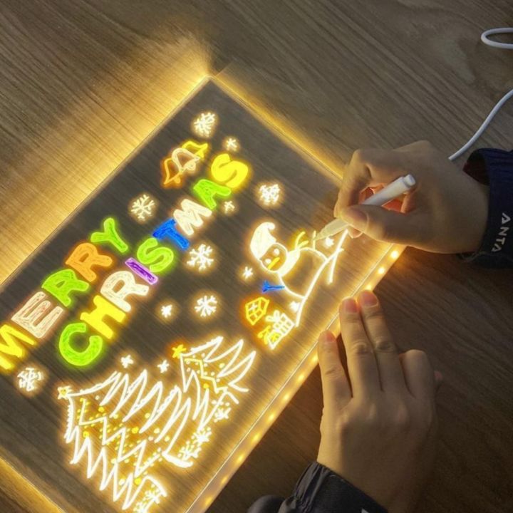 LED Luminous Drawing Board Toys Night Light Message Note Board Acrylic ...