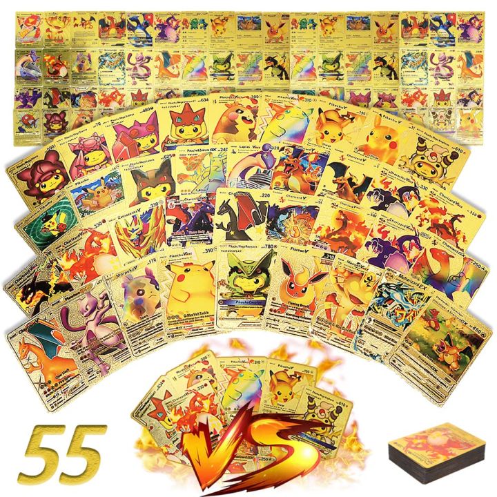 55pcs Pokemon Gold Foil Cards Anime Cartoon Pokemon English Version Tcg ...