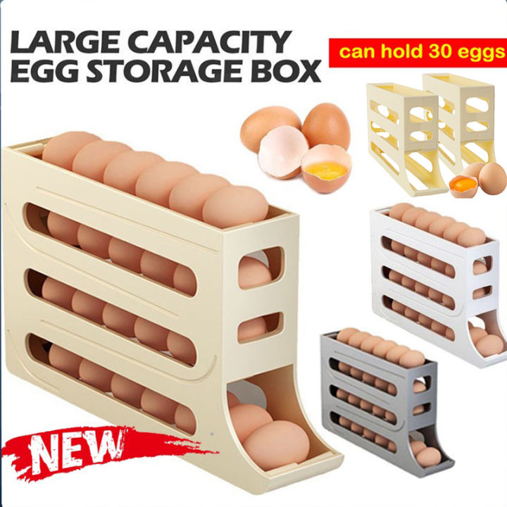 4 Layers Refrigerator Egg Storage Box Automatic Scrolling Egg Rack 30 Grids Large Capacity
