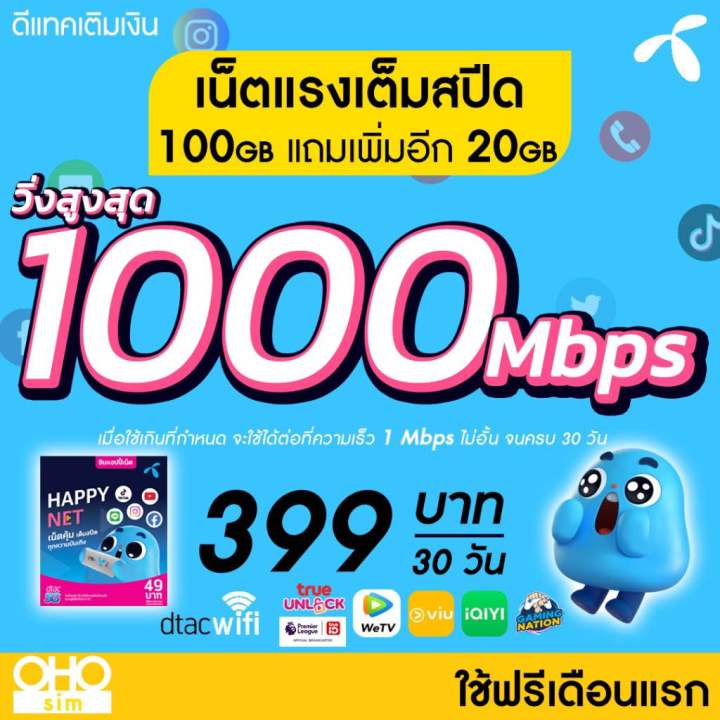 (ใช้ฟรีเดือนแรก) ซิมเทพ Dtac เน็ต 5G แรงเต็มสปีด วิ่งสูงสุด 1000 Mbps (100GB + แถมเพิ่มอีก 20GB ...