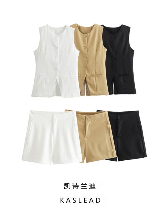 KASLEAD เสื้อกั๊กแขนกุดสูทลำลองสำหรับผู้หญิง กางเกงขาสั้น ชุดแฟชั่นฤดู ...