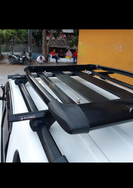 PAKET RACK BAGASI ATAS MOBIL + KAKI JEPIT RELL ALUMINIUM PLATINUM ...
