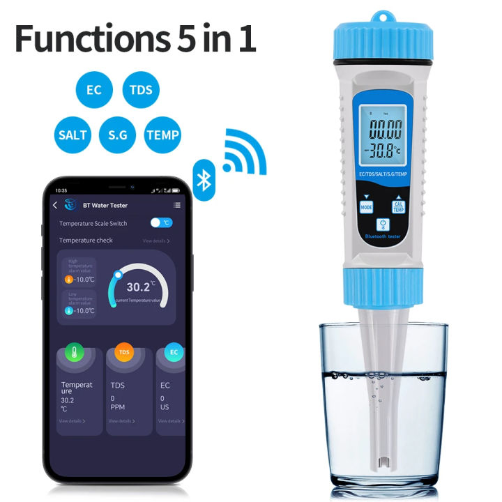 Digital Bluetooth APP PH Meter 5 in 1 Water Quality Pen EC TDS Salt SG ...