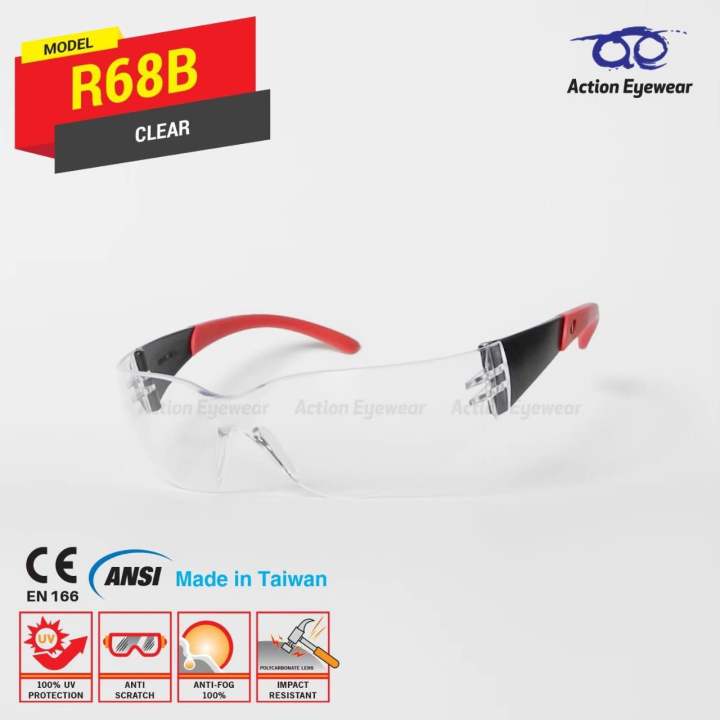 แว่นตานิรภัย แบรนด์ Action Eyewear รุ่น : R68B (RED) (กันฝ้า 100%) มี ...
