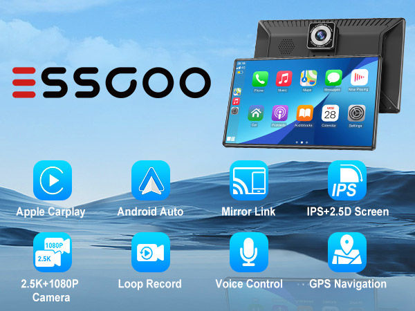 ESSGOO 9 Inch Portable Car Player Wireless MirrorLink Apple Carplay & Android Auto Dual Camera ...