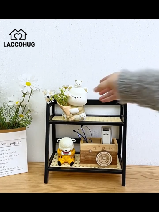 LACCOHUG Rattan Desktop Double-Layer Table Shelf Rattan Bedroom Living ...