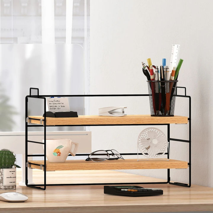 Shelf Desktop Storage Bookshelf Office Computer Desk Layered Organizing ...