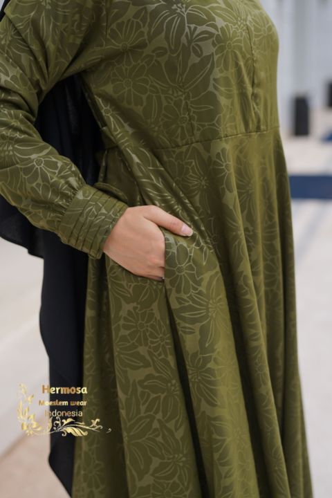 [Gamis Hermosa] Gamis embos hermosa motif bunga lily warna army-gamis ...