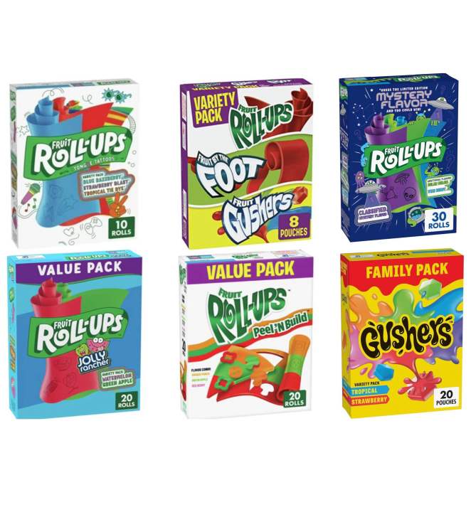Fruit Roll-Ups Gushers Fruit Flavored snacks Betty Crocker Jolly Rancher Peel and Build Fruit by ...