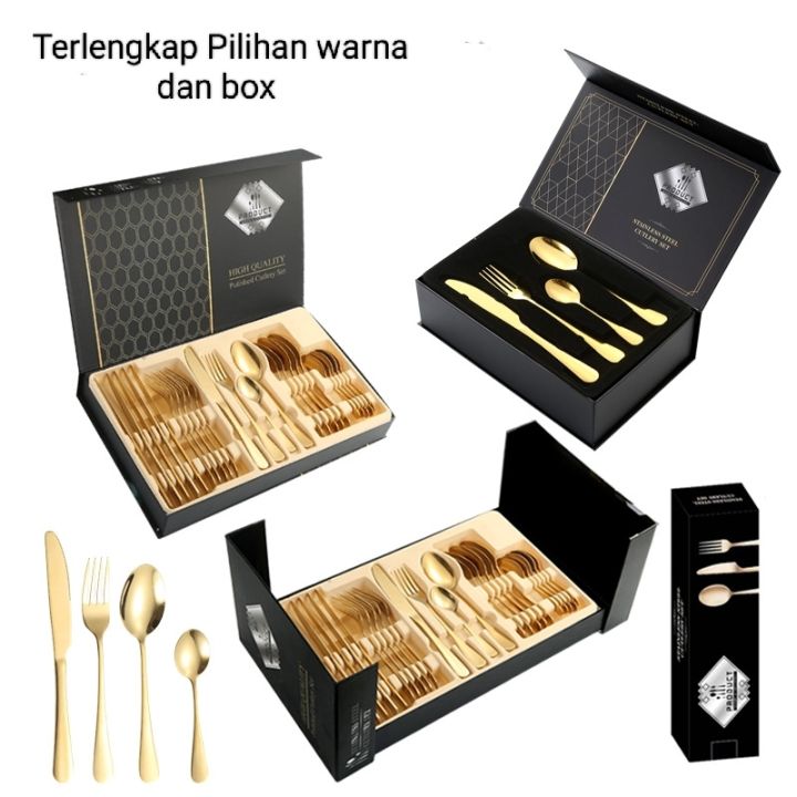 Satu Set Cutlery Set 24 Pcs Perlengkapan Makan Sendok Garpu Pisau Stainless Steel Tebal Dengan
