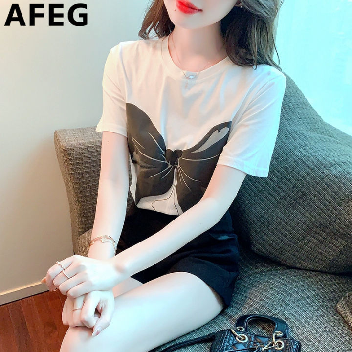 AFEG เสื้อยืดแขนสั้นพิมพ์ลายผูกโบว์,เสื้อยืดแฟชั่นคอกลมสไตล์เกาหลีแบบ ...