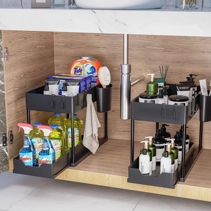 2 level sliding cabinet basket arrangement hooks, kitchen sink storage ...