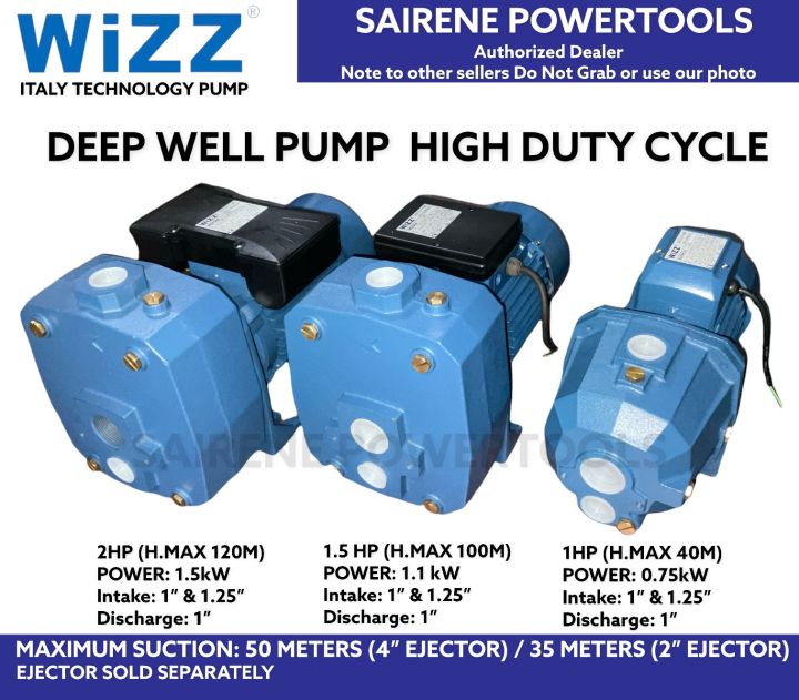 WIZZ DEEP WELL JET PUMP 2HP WZ-WQ750A UP TO 50METERS SUCTION LIFT CAPACITY 100% DOUBLE BRASS ...