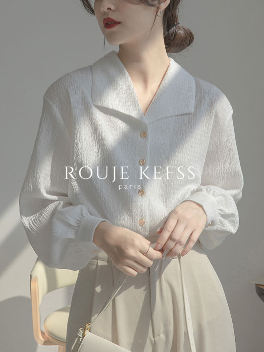 Rouje Kefss ความสง่างามแบบฝรั่งเศส สีขาว เสื้อ ผู้หญิง หลวม ลำลอง แขนยาว เสื้อท่อนบน ฤดูใบไม้ผลิ ...