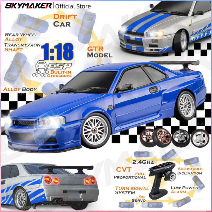 Skymaker LDRC 1/18 RC Drift Car LD1899 GTR Mode R34 2.4GHz RWD with Gyroscope on-Road Alloy Body ...