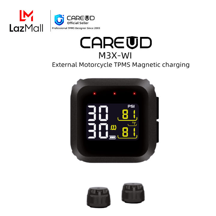 CAREUD M3X-WI Motorcycle Wireless TPMS Tire Pressure Monitoring System Digital LCD with Two ...